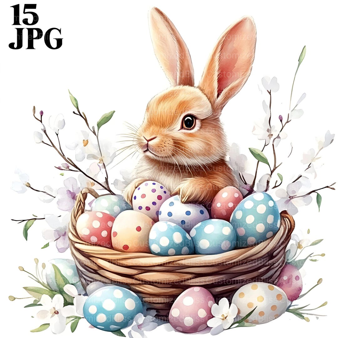 Bunny in Easter Basket With Easter Eggs Clipart Bundle, 15 High Quality ...