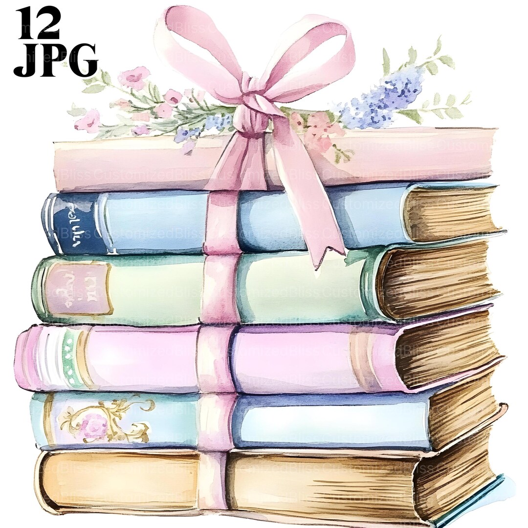 Shabby Chic Stack of Books Clipart, 12 High Quality JPG, Watercolor ...