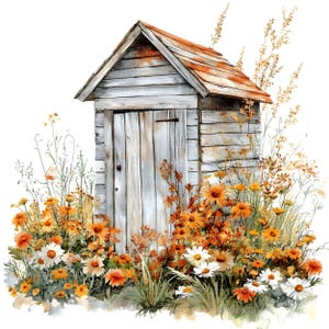 Rustic Outhouse With Flowers Clipart Bundle, 15 High Quality Watercolor ...