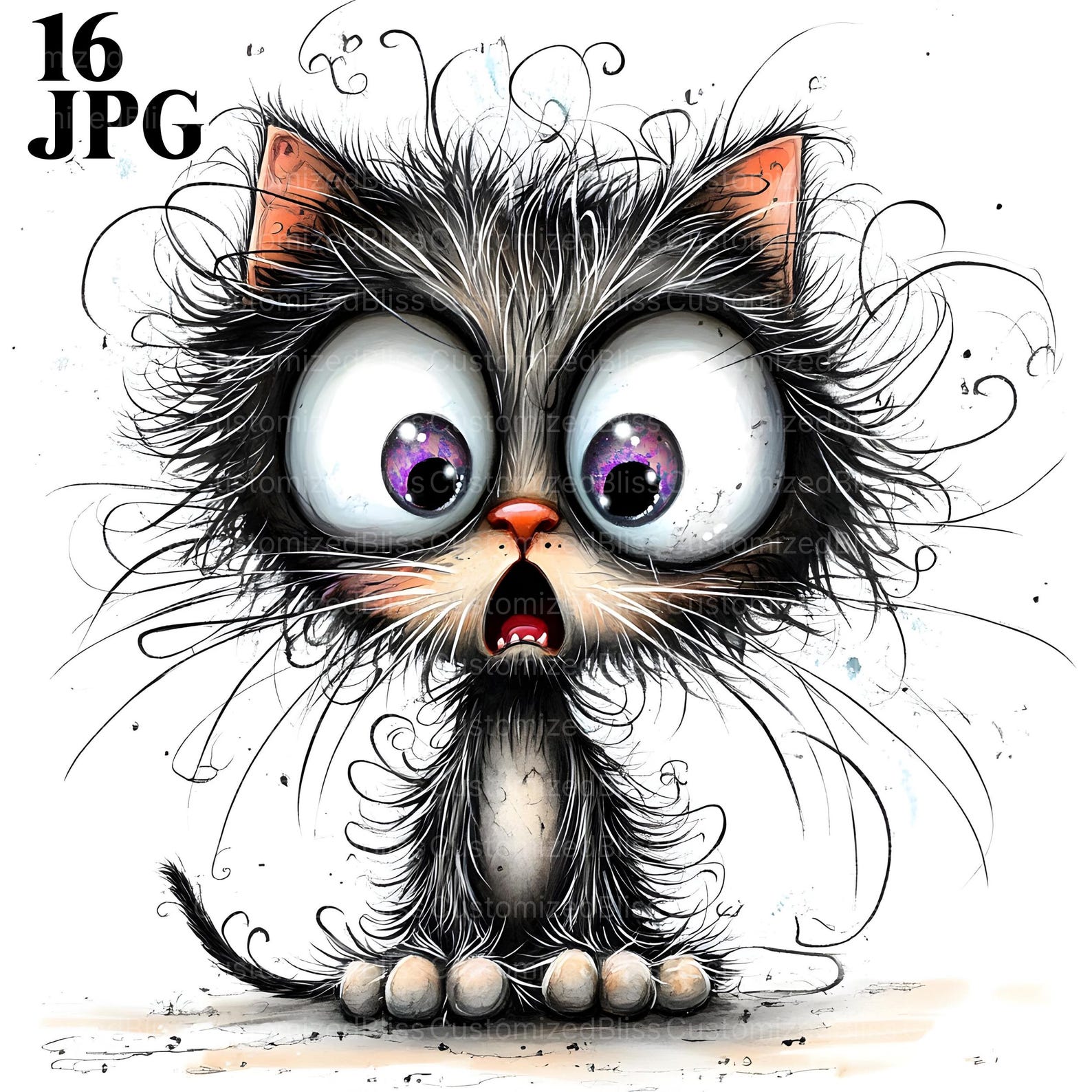 Frazzled Cat Clipart, 16 High Res Watercolor Jpgs Junk Journaling ...