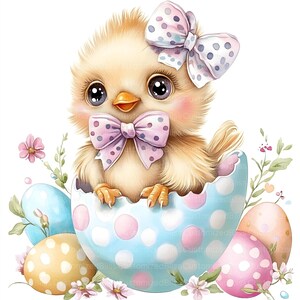 16 Smiling Chick in Decorated Egg Clipart, Easter Chick Illustration ...