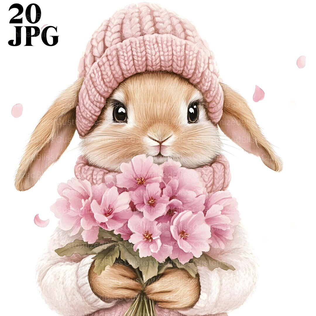 20 Cute Floral Bunny Clipart, Flower Rabbit, Rabbit Clipart, Rabbit ...