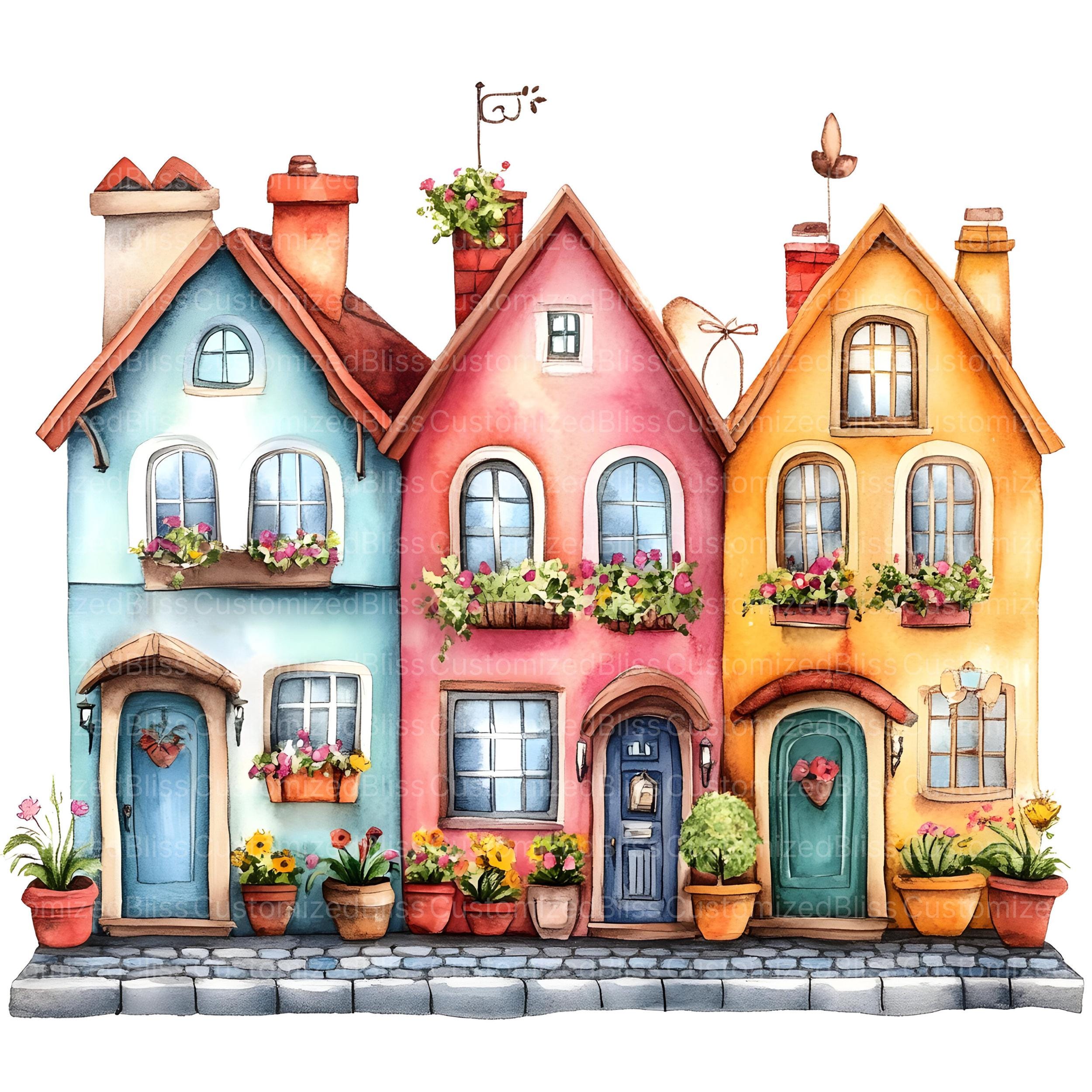 Whimsical Row Houses Clipart Bundle, 20 High Quality Jpgs, Watercolor ...
