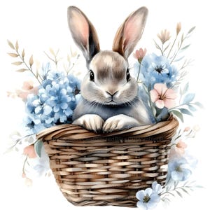 16 Bunny in Easter Basket With Flowers Clipart, Bunny Clipart, Easter ...