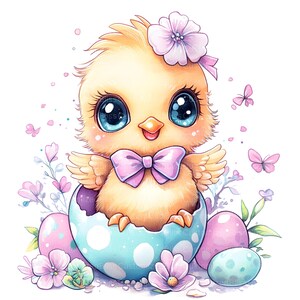 16 Smiling Chick in Decorated Egg Clipart, Easter Chick Illustration ...
