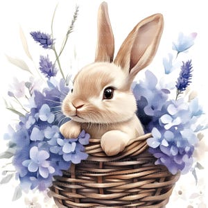 16 Bunny in Easter Basket With Flowers Clipart, Bunny Clipart, Easter ...