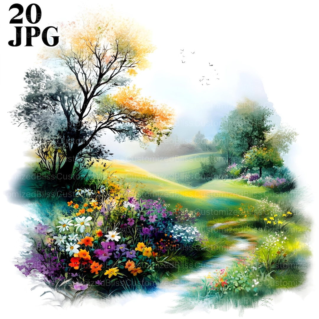 20 Spring Landscape Clipart, Spring Clipart, Nature Clipart, High Quality Jpgs, Watercolor ...