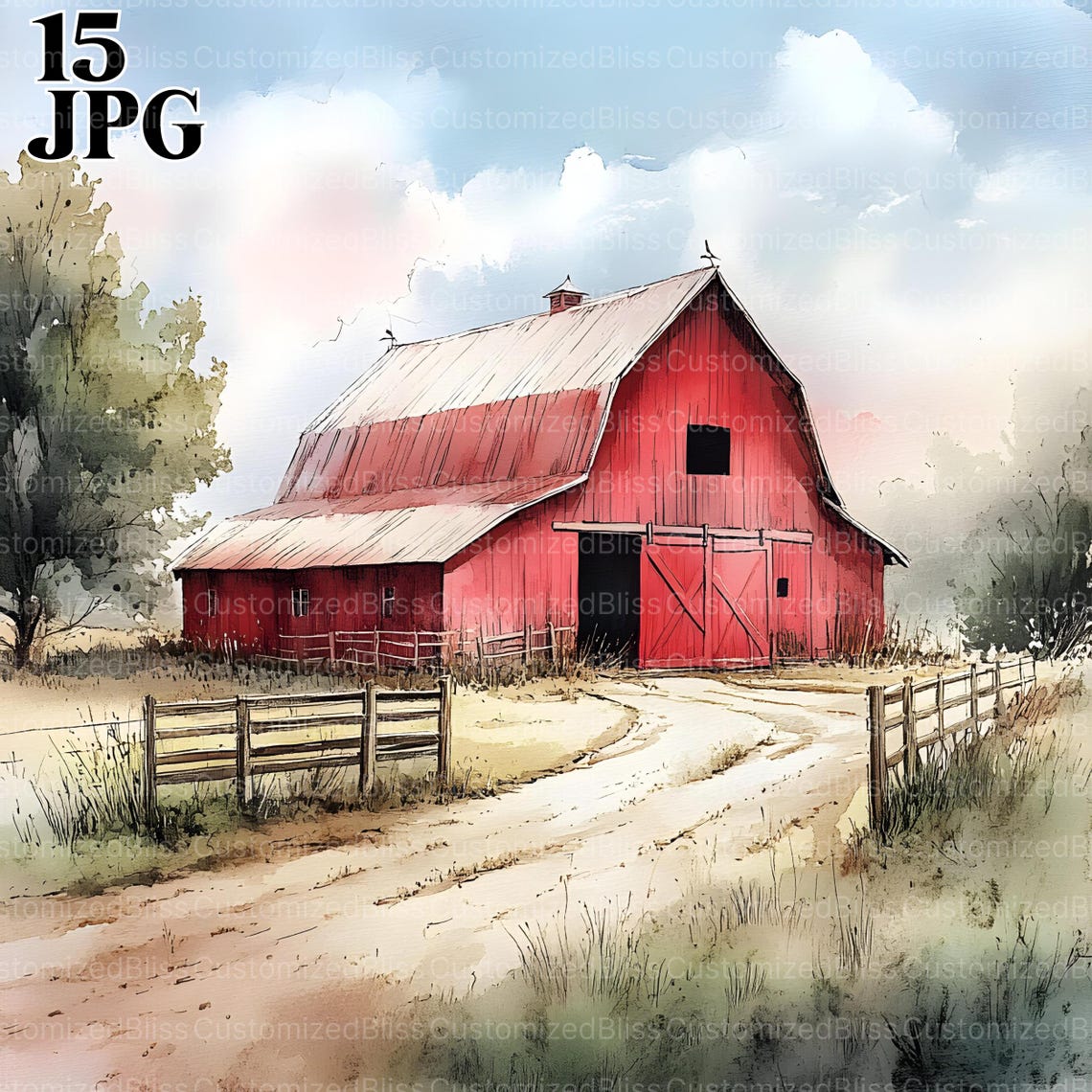 Old Red Barn Clipart Bundle, 15 High Res Watercolor Jpgs for Junk ...