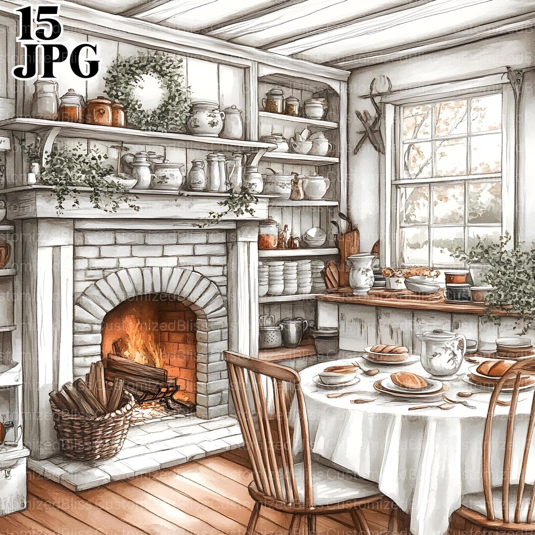 Rustic Kitchen Fireplace Clip Art Bundle, 15 High Res Watercolor Jpgs ...