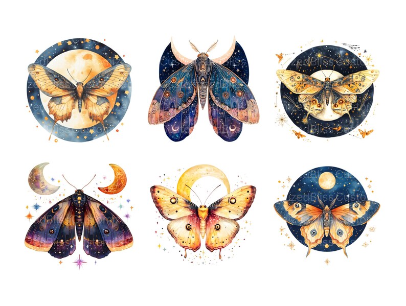 Moth Moon Celestial Clipart Bundle, 29 High Quality PNG, Hippy Moon ...