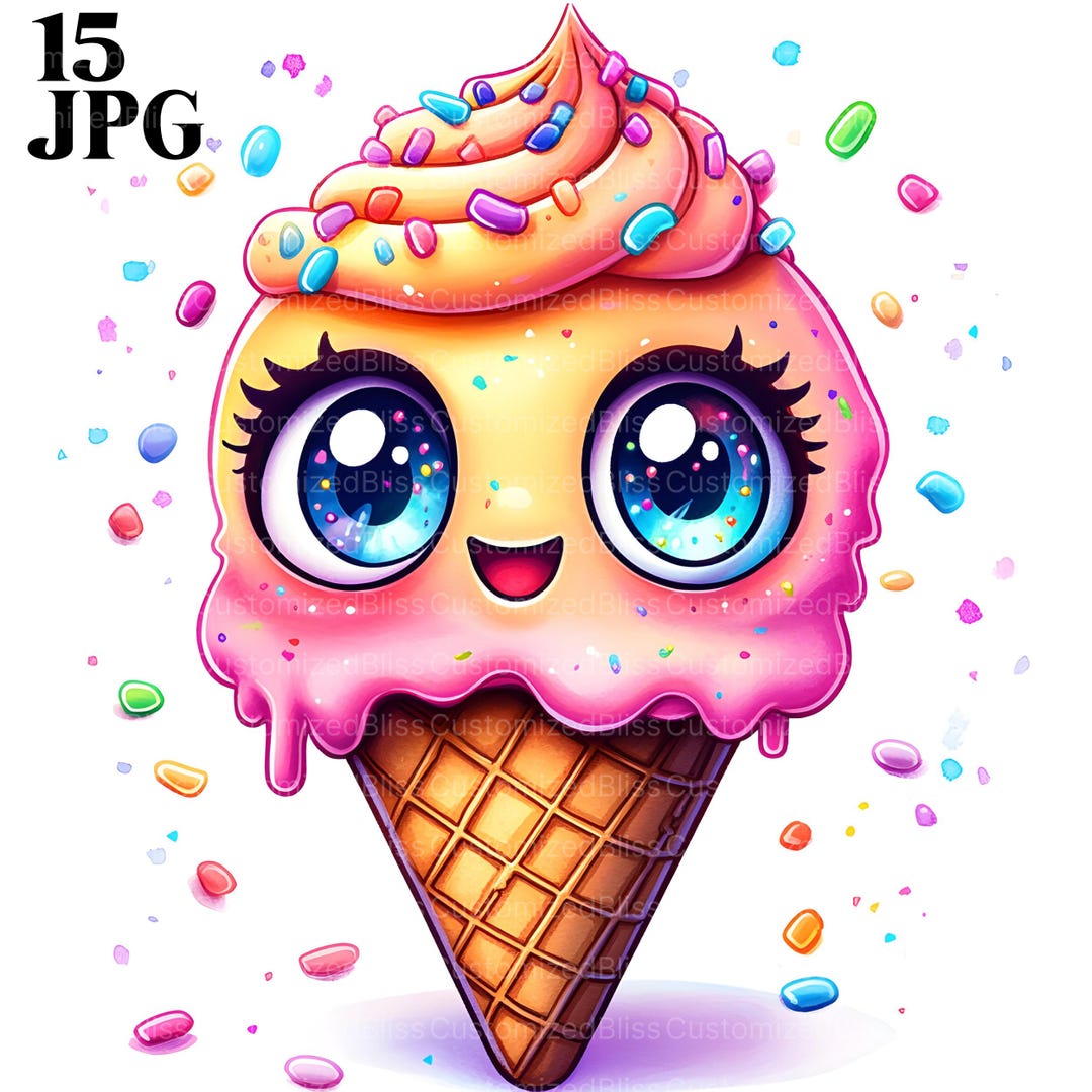 Cute Ice Cream Cone Clipart, 15 High Quality Jpgs, Kawaii Ice Cream ...