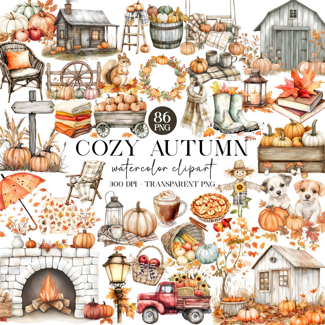 Watercolor Autumn Clipart Bundle, Cozy Autumn PNG, Fall Clip Art, Cozy ...