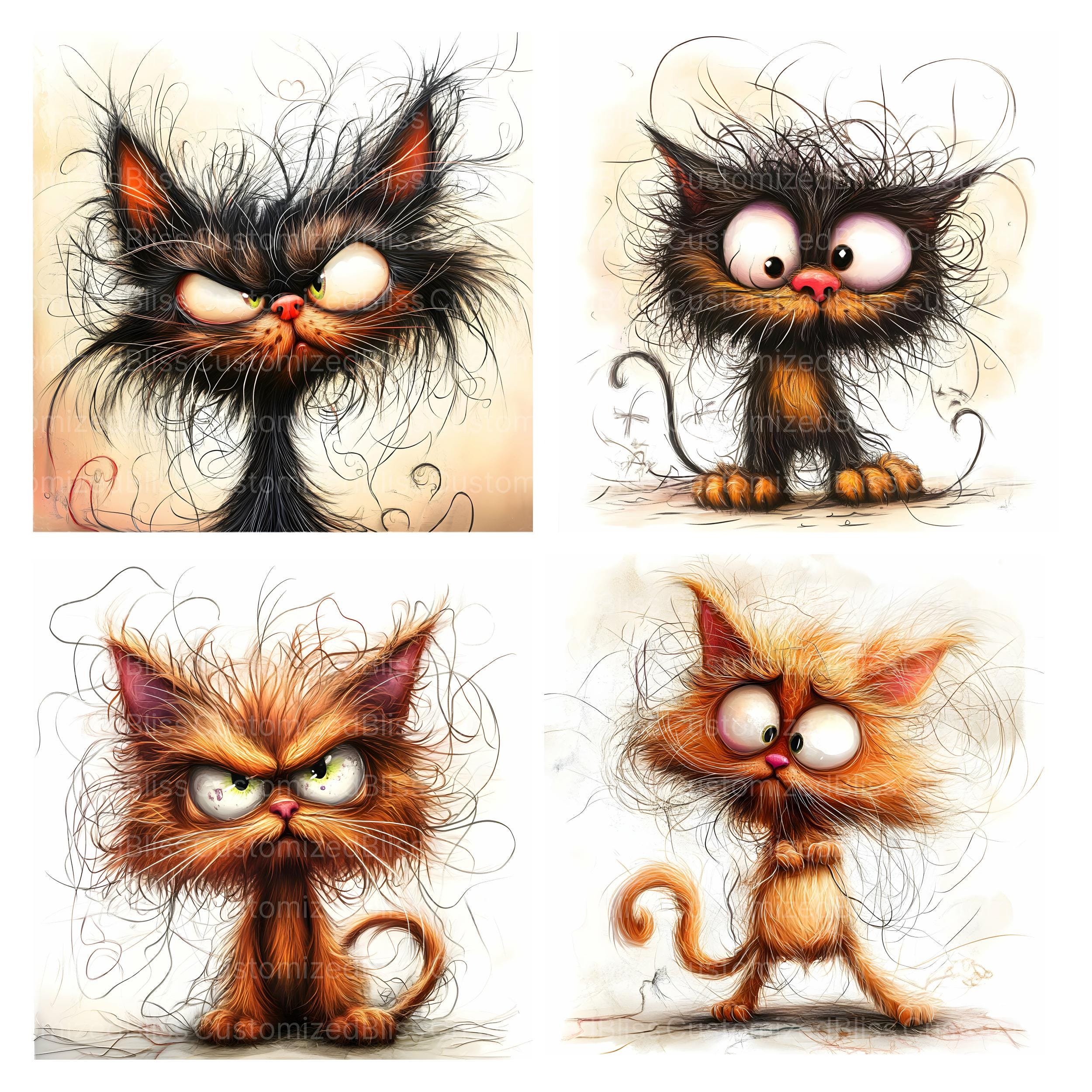 Frazzled Cat Clip Art, 10 High Quality JPG, Quirky Cat Clipart, Cartoon ...