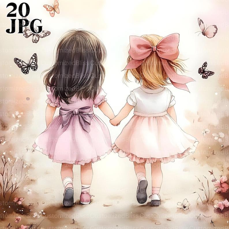 Best Friends Little Girls Clip Art, 20 High Quality Jpgs, Watercolor ...