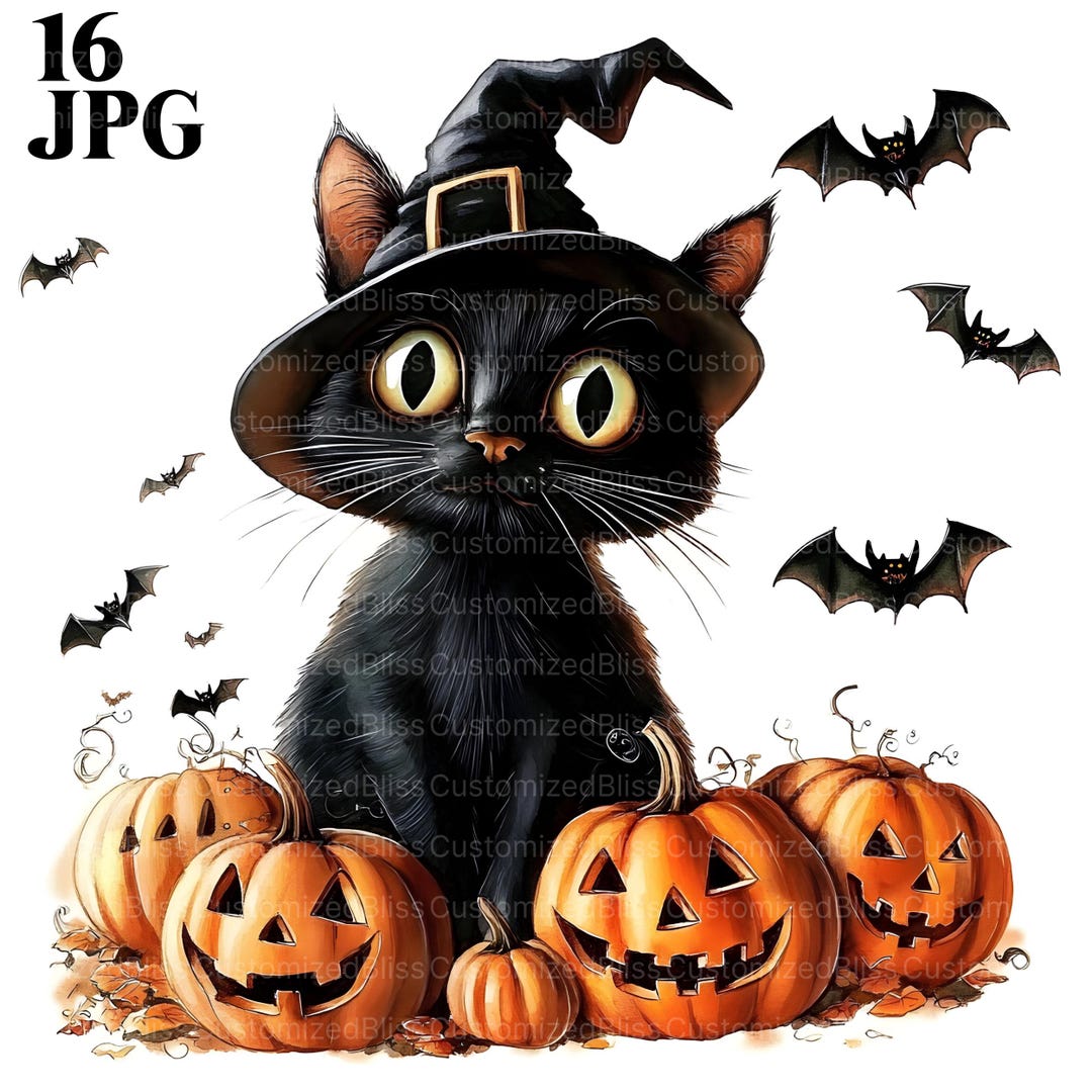 16 Halloween Cat Clipart, Witch Hat Kitten Clipart, Cartoon Witch Cat ...