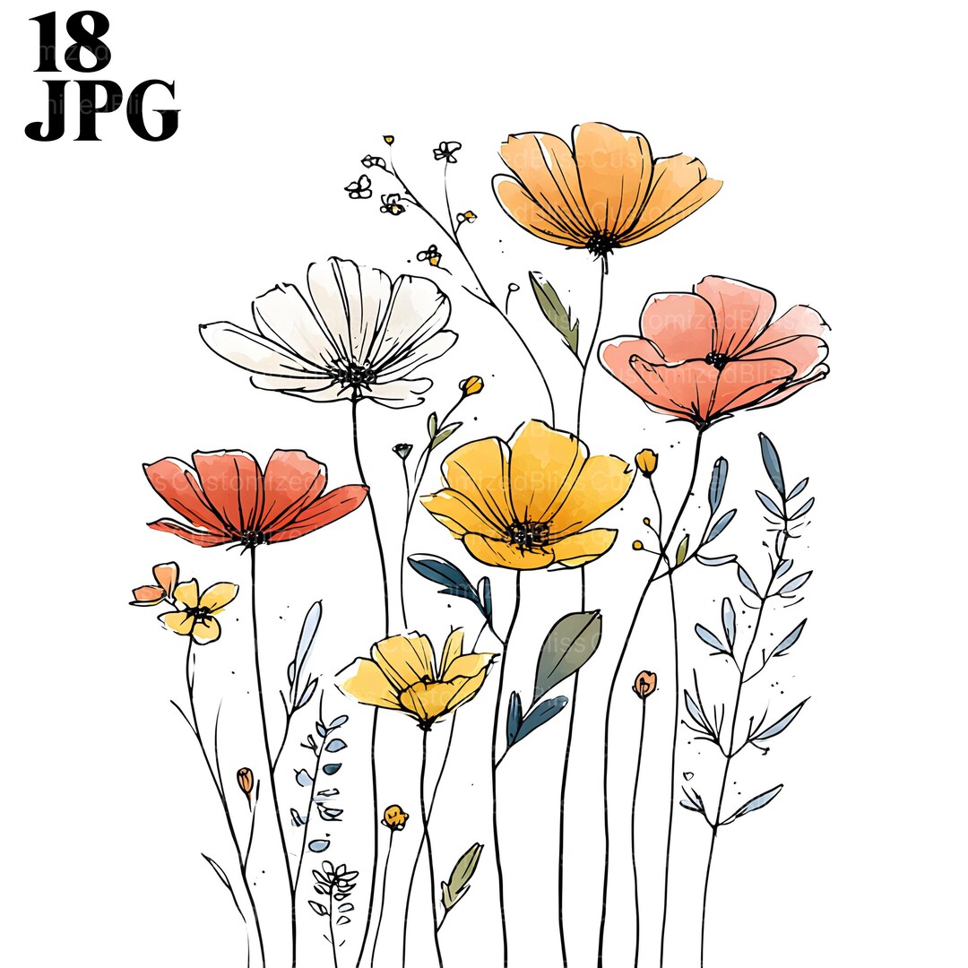 18 Doodle Wildflowers Clipart, Wildflower Drawing, High Quality Jpgs ...