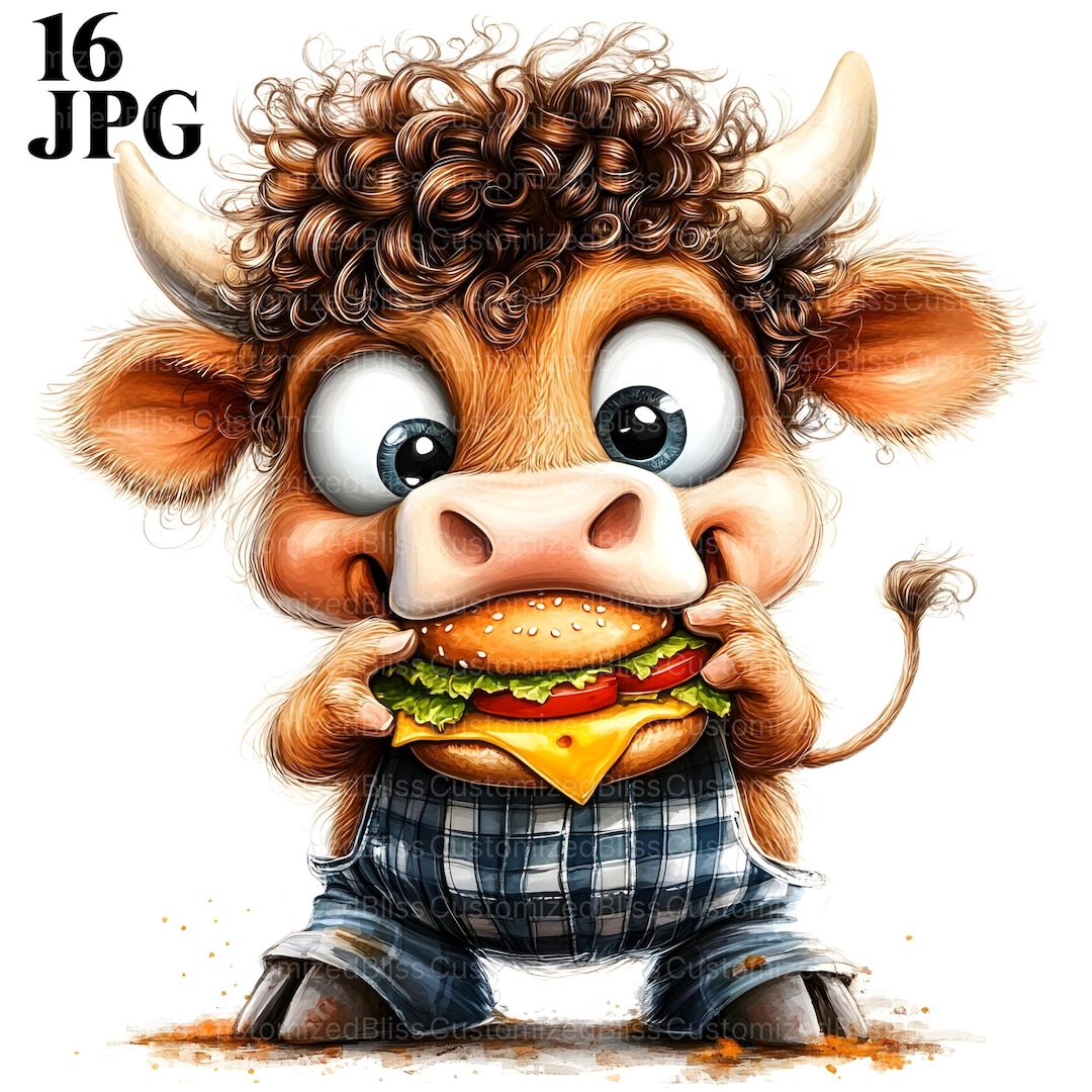 Funny Cow Eating Hamburger Clipart, Fast Food Cartoon, Cow Clipart, 16 ...