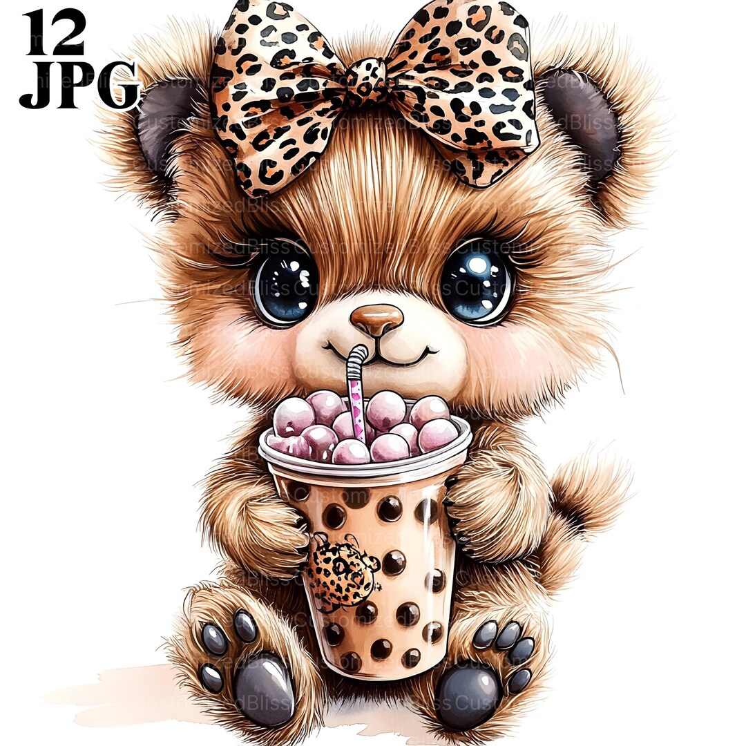 Cute Bear Clipart, Boba Clipart, Teddy Bear Clipart, Leopard Print Bow ...
