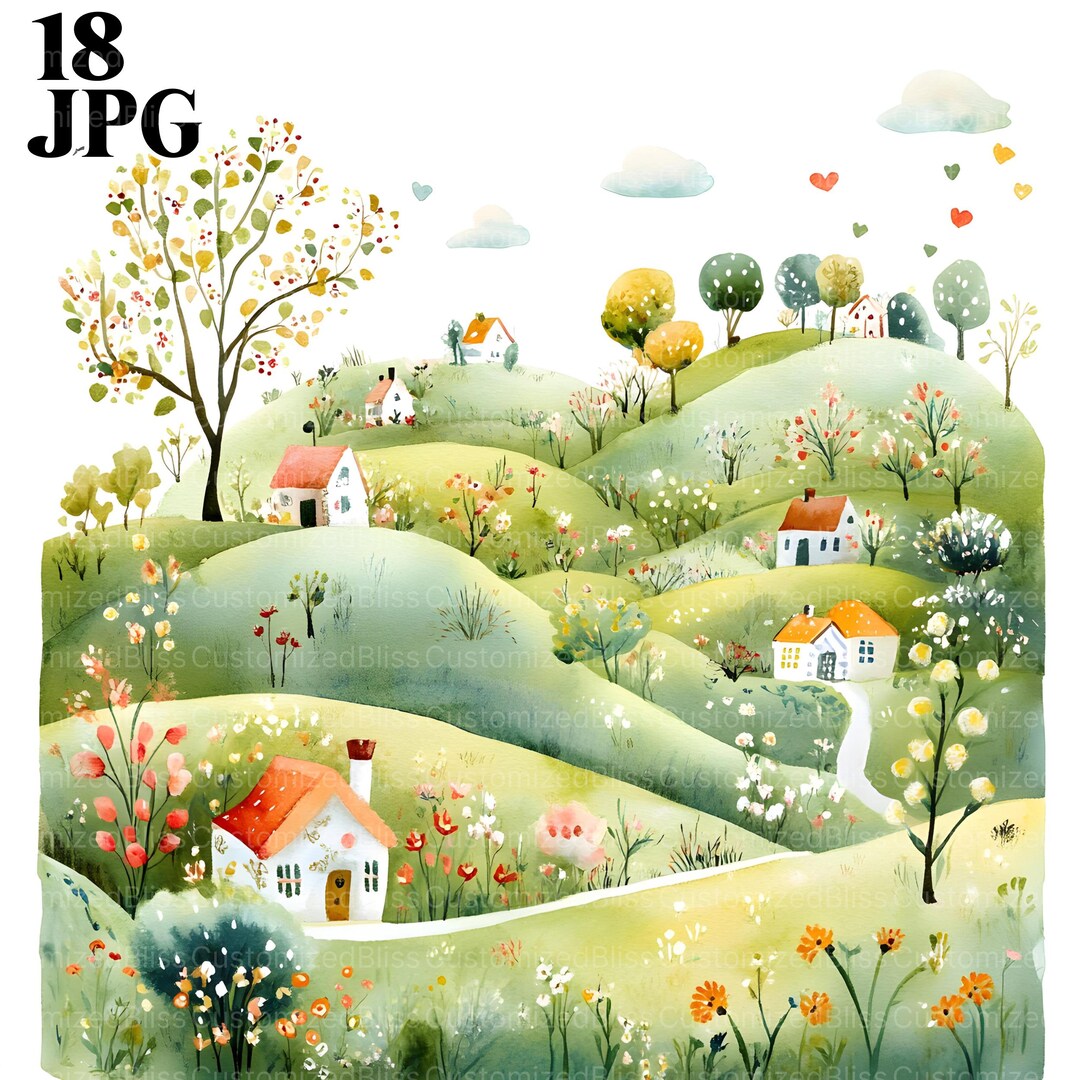18 Spring Garden Clipart, Spring Clipart, Spring Landscape, Watercolor ...