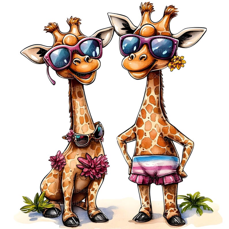 16 Summer Giraffes Clipart, Cute Beach Giraffe Couple in Vacation ...