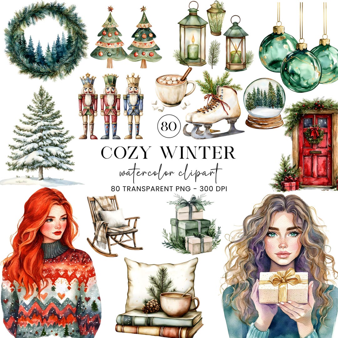 Cozy Winter Clipart, Pine PNG, Watercolor Neutral Christmas Graphics ...