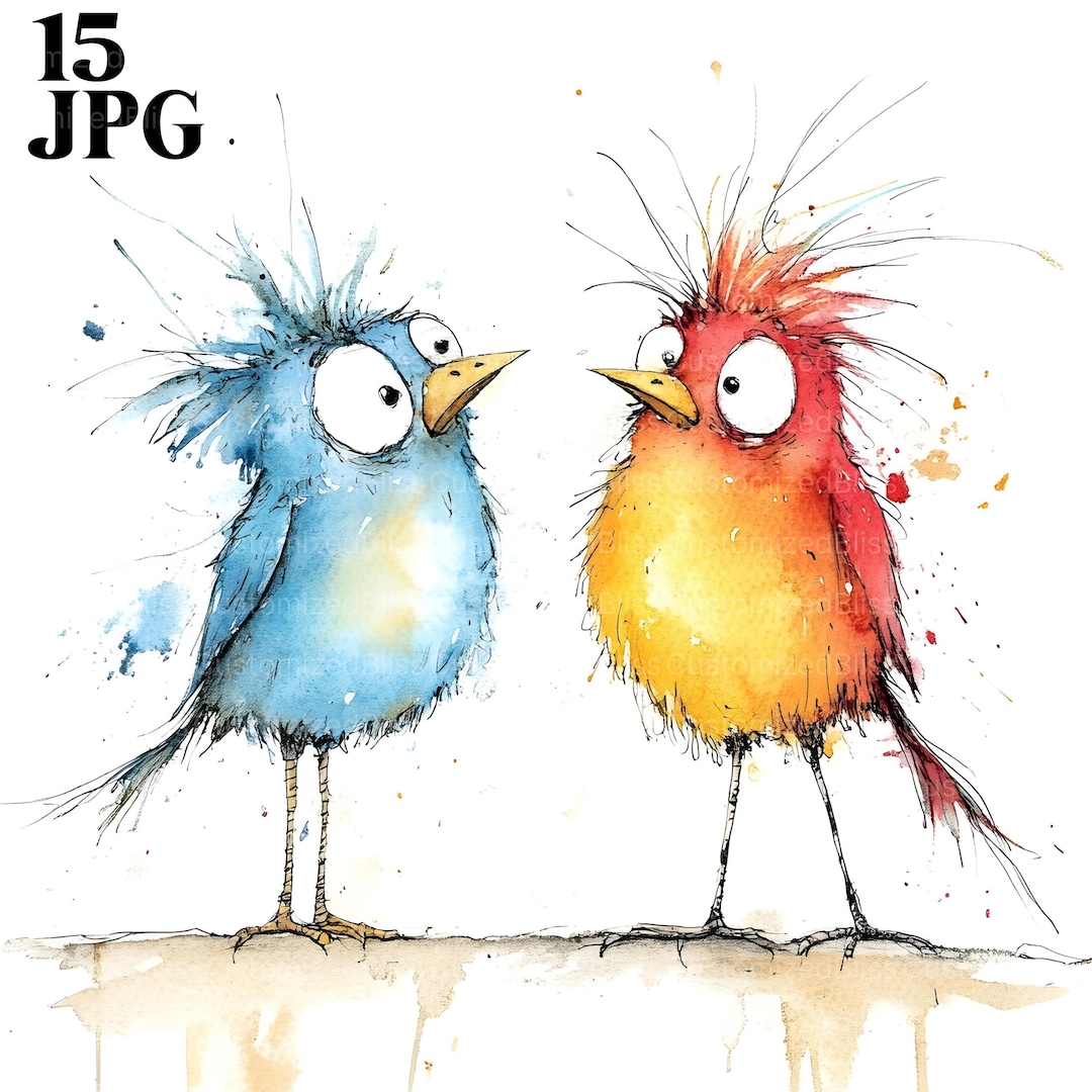 15 Whimsical Birds Clipart, Two Birds, Fluffy Birds, Cartoon Birds ...