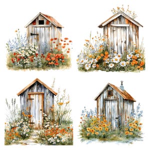 Rustic Outhouse With Flowers Clipart Bundle, 15 High Quality Watercolor ...