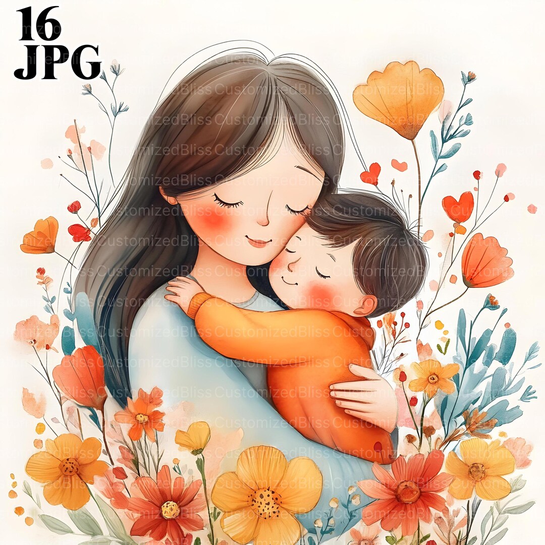 Mom and Child With Flowers Clipart Bundle, 16 High Quality Jpgs, Craft ...