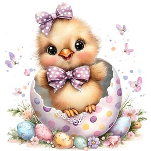 16 Smiling Chick in Decorated Egg Clipart, Easter Chick Illustration ...