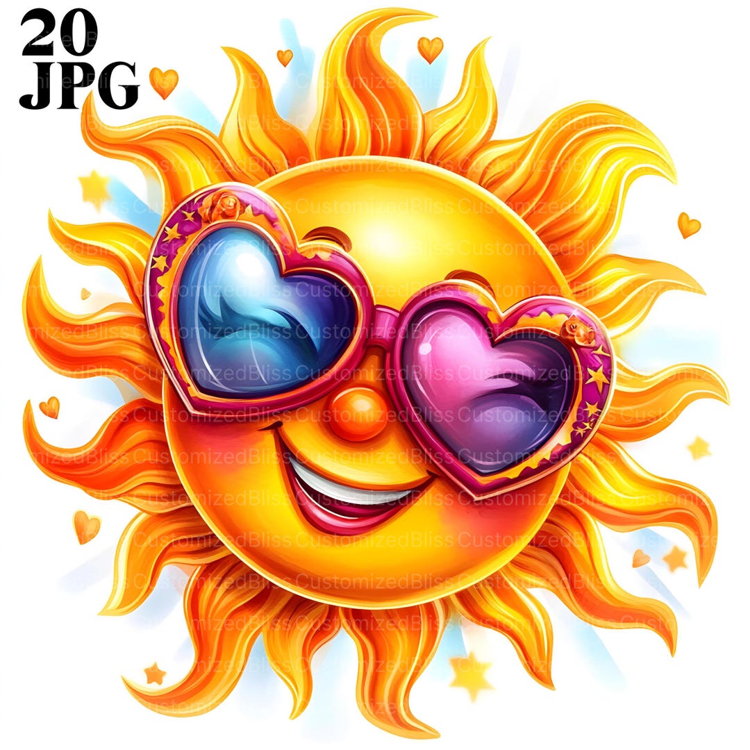 Sun With Sunglasses Clipart, 20 Sun Clipart Bundle, Watercolor Sun ...