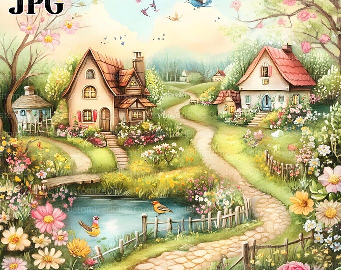 Whimsical Spring Village Art 10 High Res Watercolor Jpgs for Junk ...