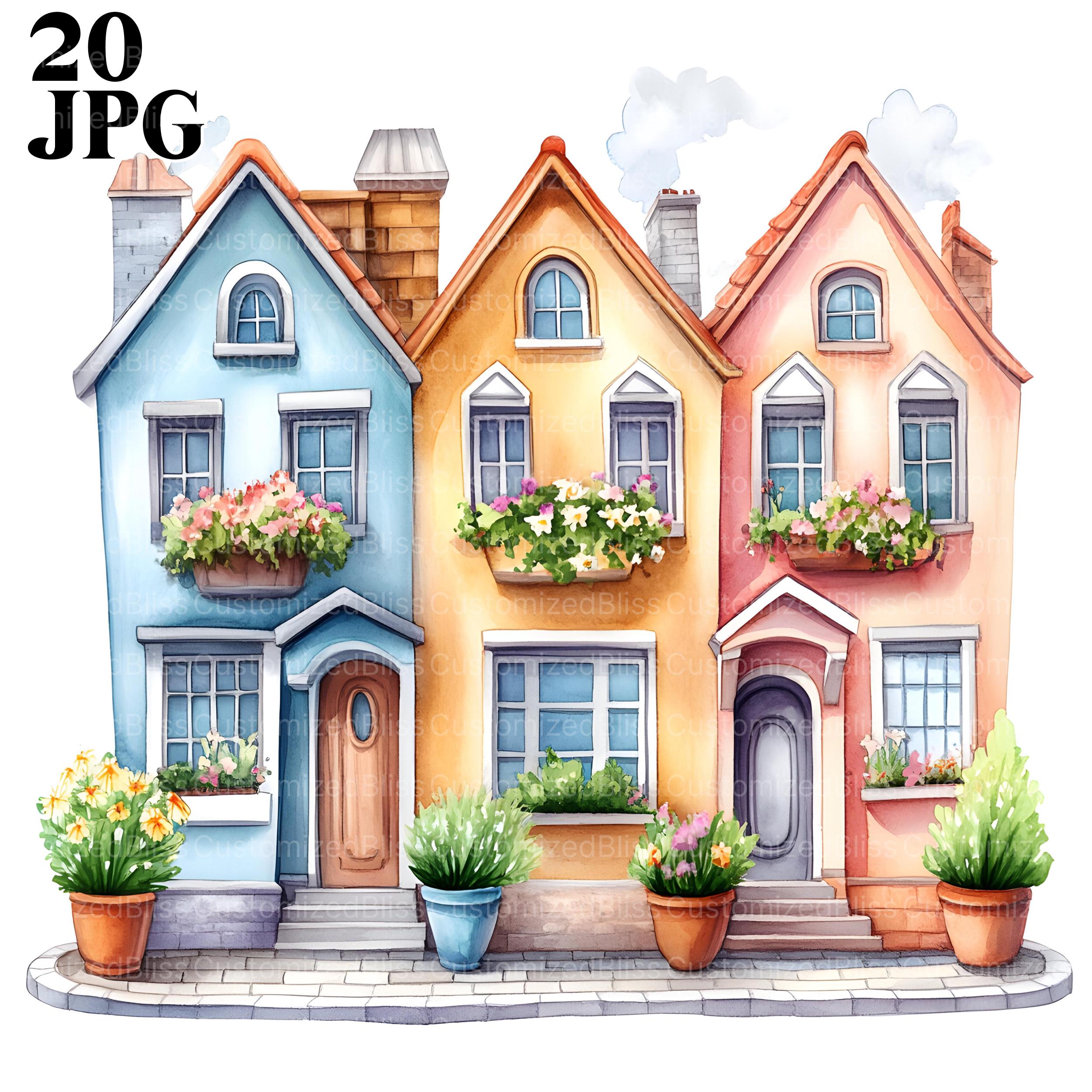 Whimsical Row Houses Clipart Bundle, 20 High Quality Jpgs, Watercolor ...