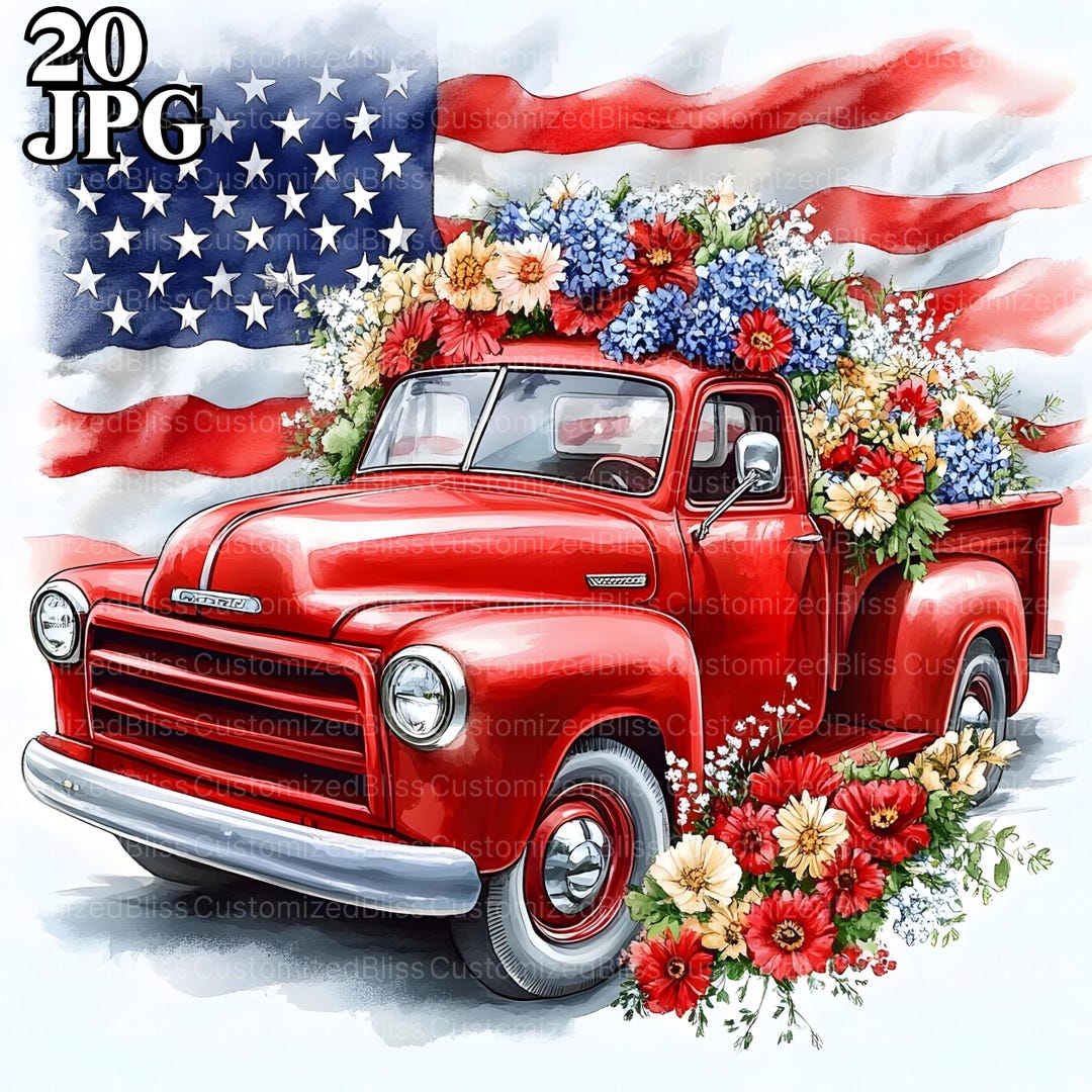 Red Truck USA Clip Art Bundle, 20 High Res Watercolor Jpgs for Junk ...