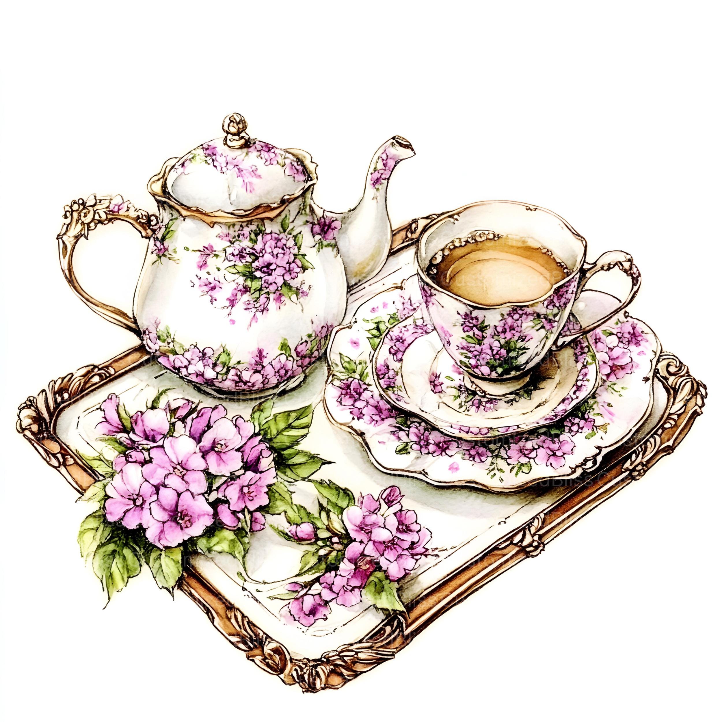 20 Vintage Tea Set Clipart, Tea Cup Clipart, Floral Porcelain Set ...