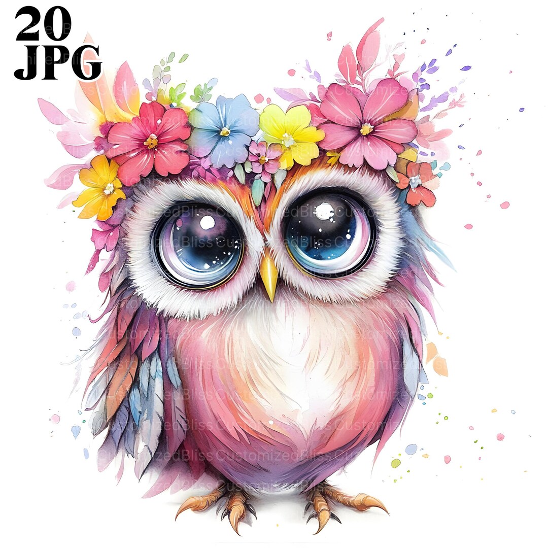 Whimsical Floral Owls Clipart, 20 High Res Watercolor Jpgs for Junk ...