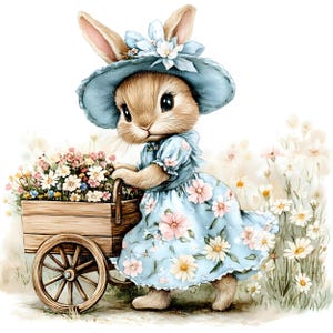 Adorable Little Bunny in Dress With Flowers Clipart Bundle, 20 High ...