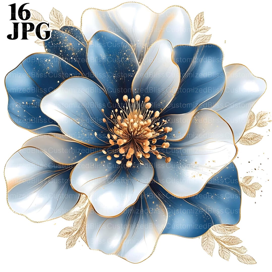 16 Abstract Flower Clipart Bundle, Navy Blue and Gold Flower, High ...