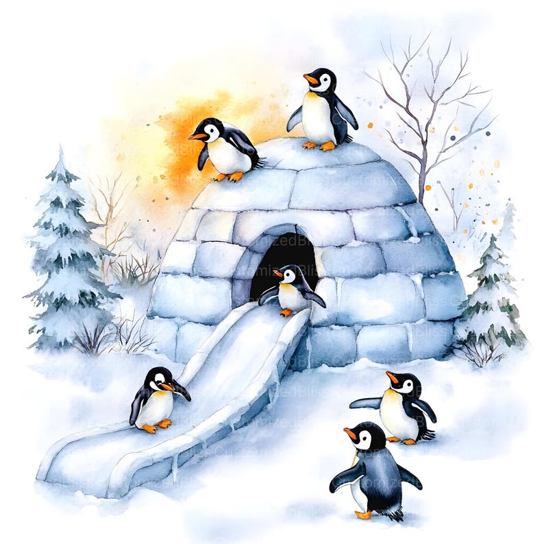 20 Watercolor Igloo Clipart, Cute Penguin Clipart, Winter Clipart ...