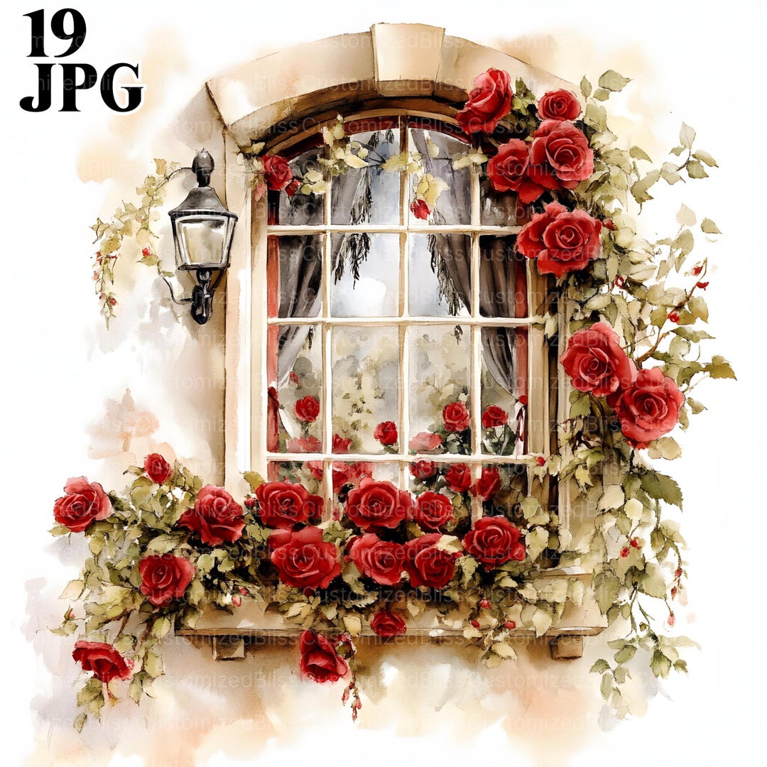 Romantic Valentine's Day Window With Roses Clipart Bundle, 19 High ...