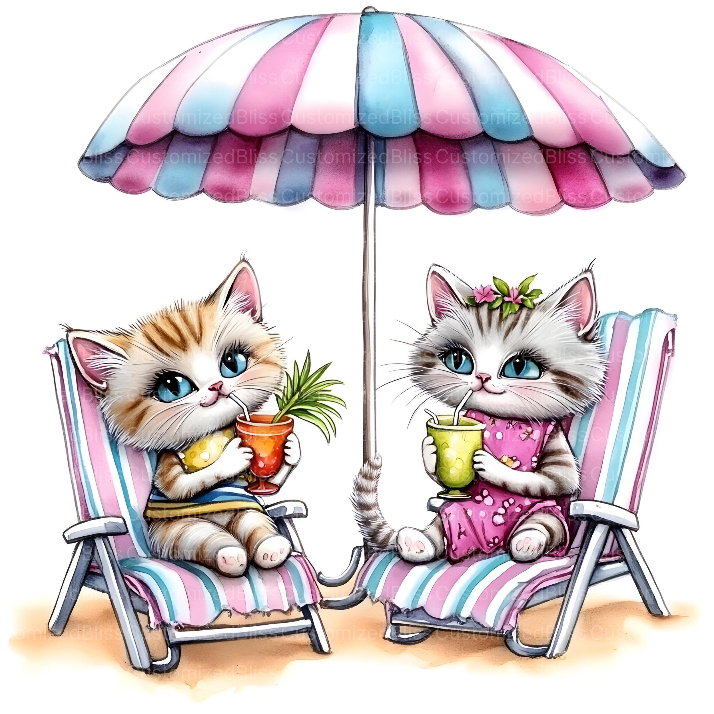 16 Cute Beach Cats Clipart, Summer Cats on Vacation Clipart, Tropical ...
