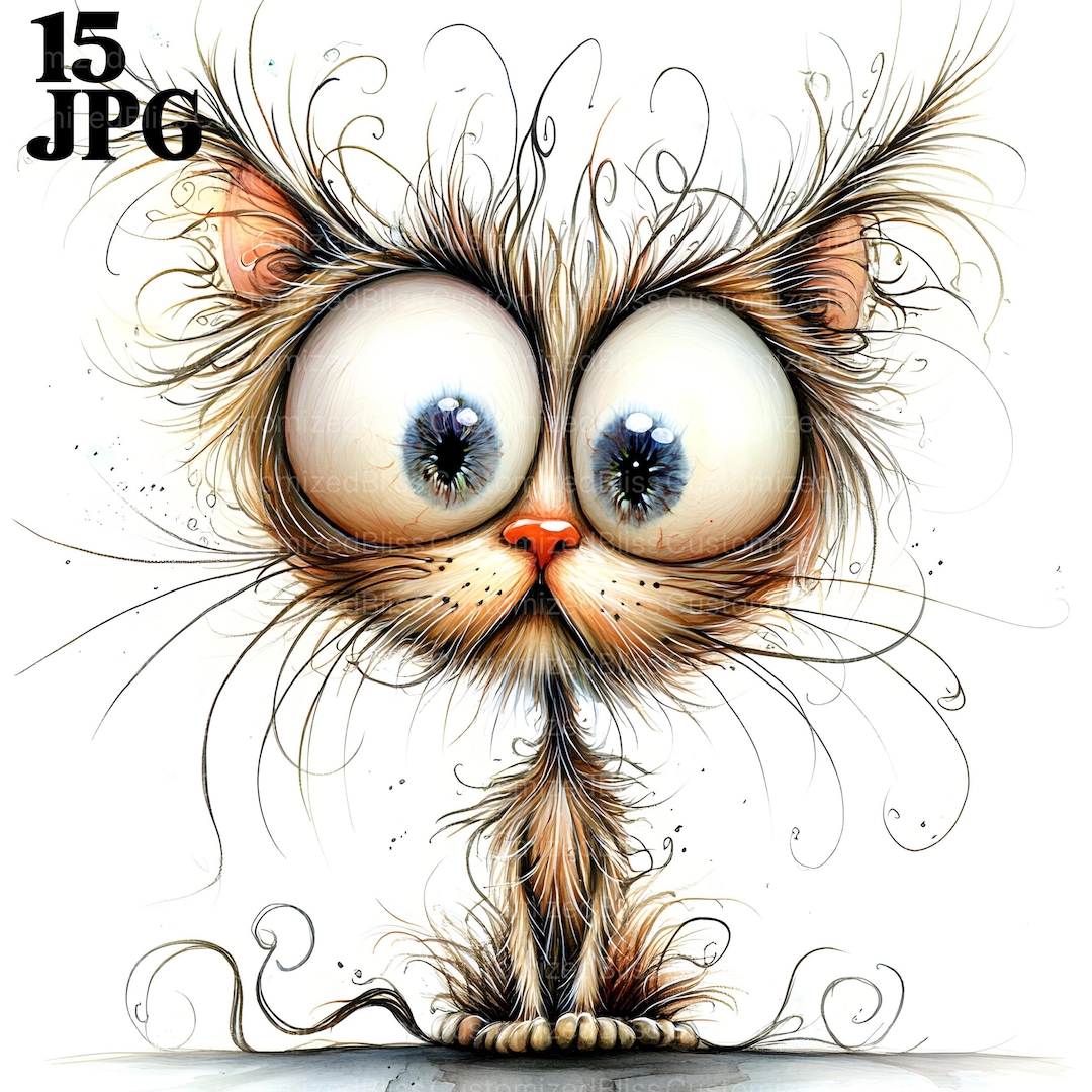 Frazzled Cat Clip Art, 15 High Quality Jpgs, Cartoon Cat, Watercolor ...