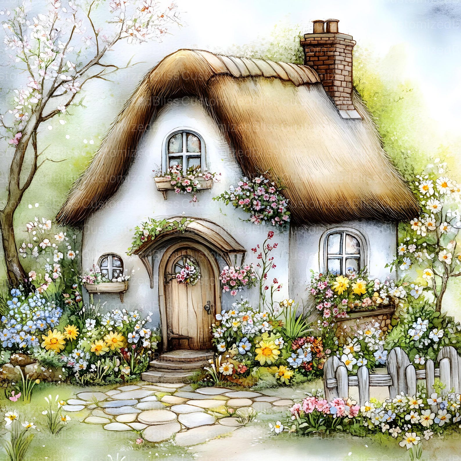 White Cottage in Spring Clipart Bundle, 19 High Res Watercolor Jpgs for ...