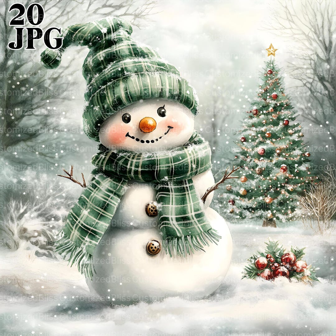 Snowman in Green, Christmas Tree Clip Art Bundle, 20 High Res ...
