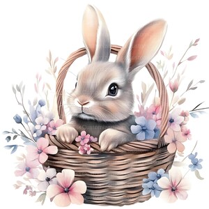 16 Bunny in Easter Basket With Flowers Clipart, Bunny Clipart, Easter ...