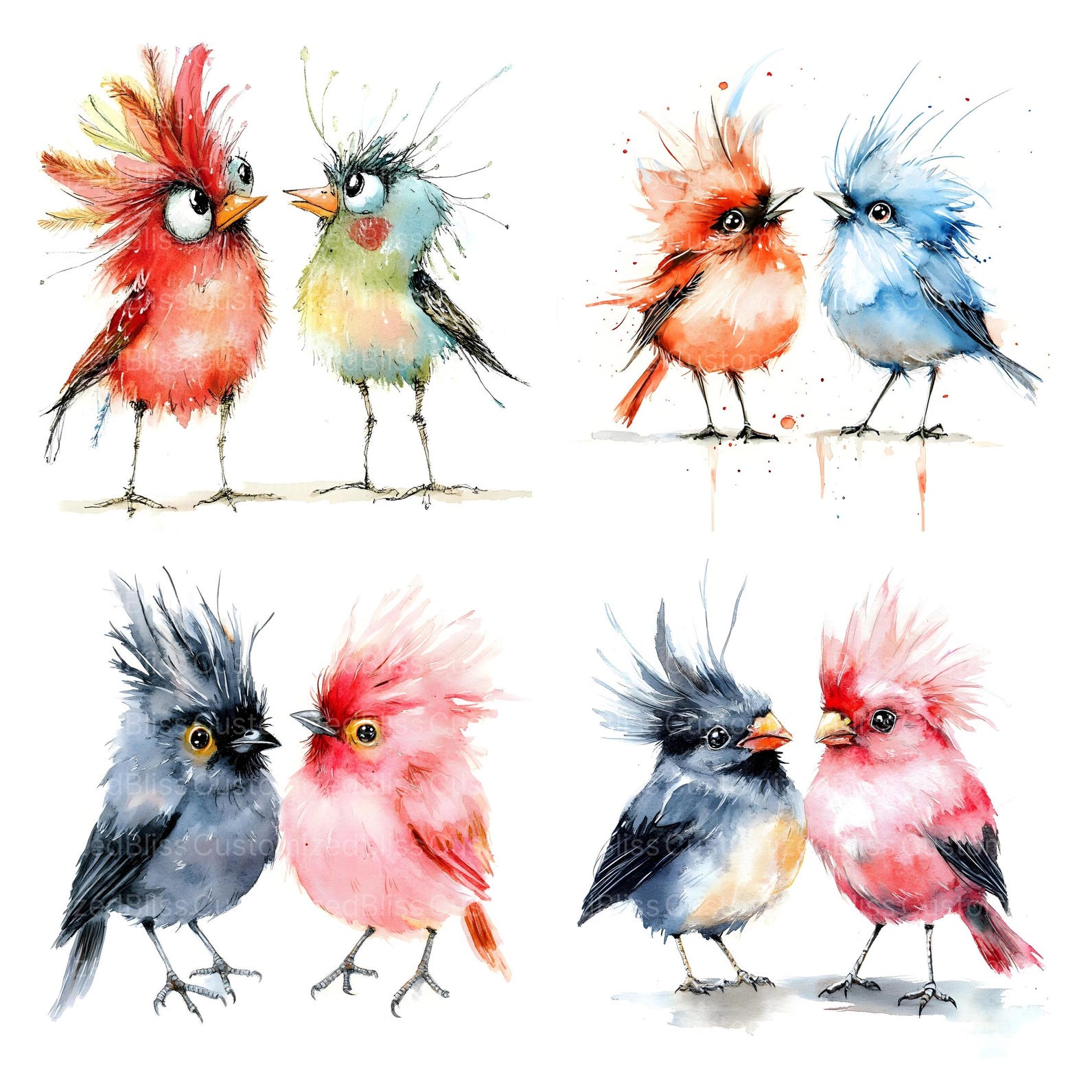 15 Whimsical Birds Clipart, Two Birds, Fluffy Birds, Cartoon Birds ...
