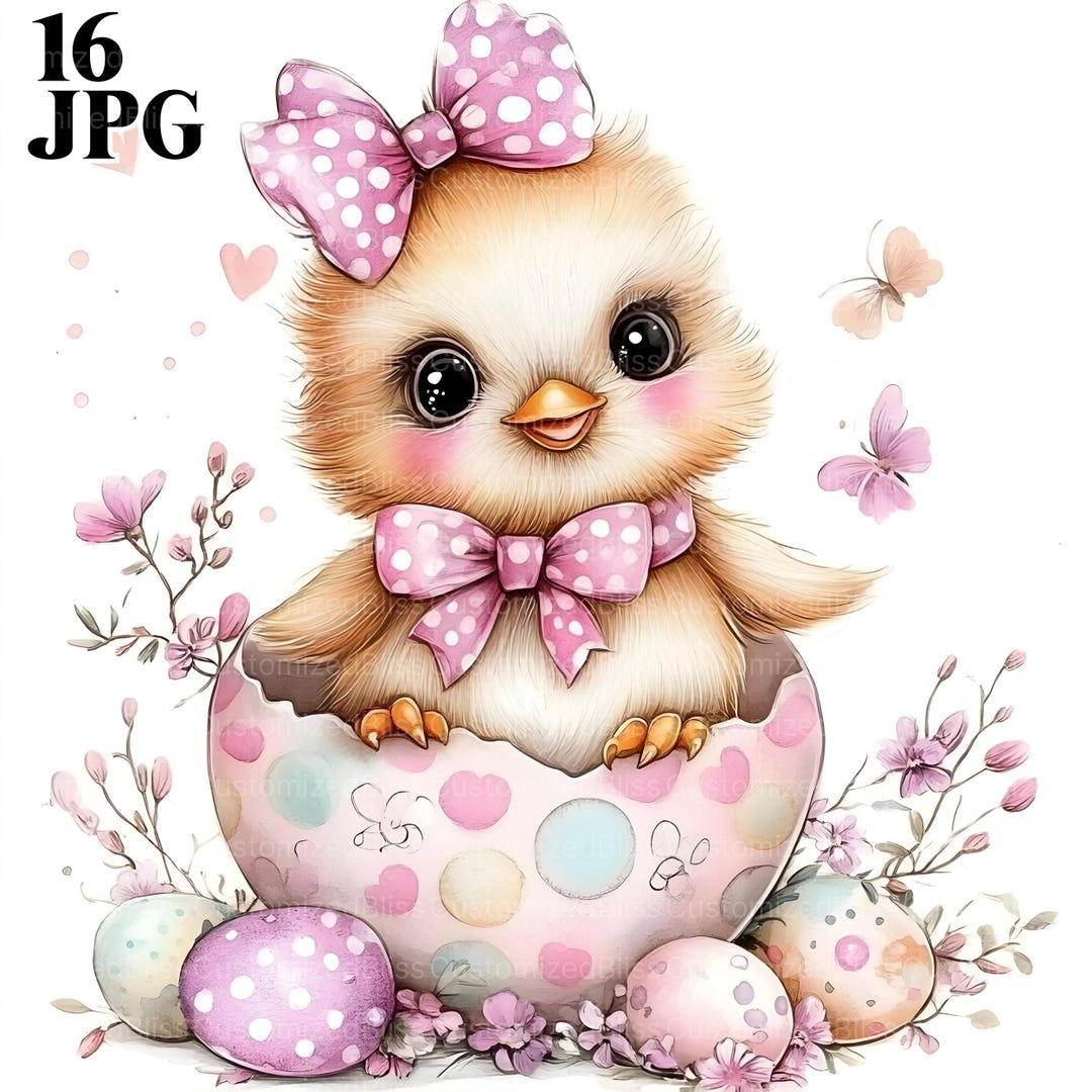 16 Smiling Chick in Decorated Egg Clipart, Easter Chick Illustration ...