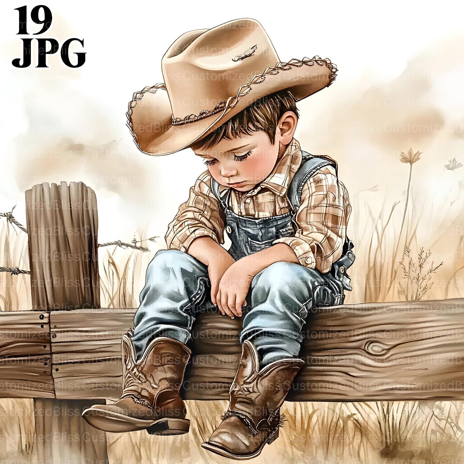 Little Cowboy on Fence Clipart Bundle, 19 High Res Watercolor Jpgs Junk ...