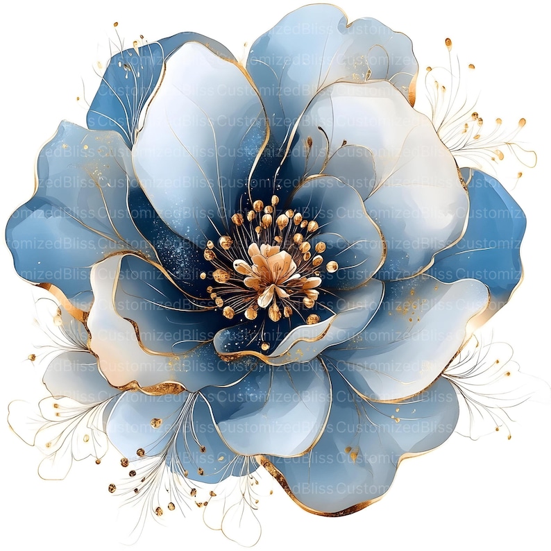 16 Abstract Flower Clipart Bundle, Navy Blue and Gold Flower, High ...