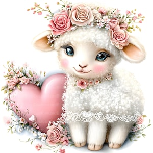 20 Valentine Lamb Clipart, Cute Lamb With Floral Crown and Heart ...