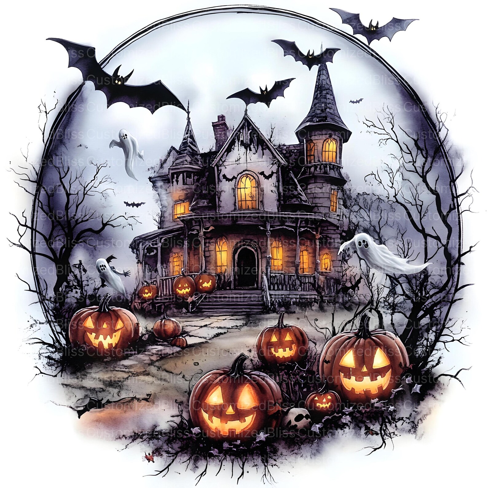 18 Spooky Halloween Night Clipart, Haunted House, Full Moon, Pumpkins ...